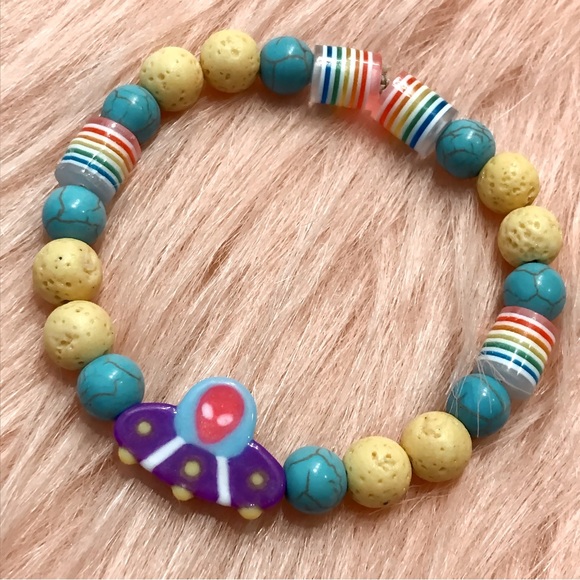 Hand Crafted | Jewelry | Beaded Bracelet Kawaii Pink Alien Rainbow ...